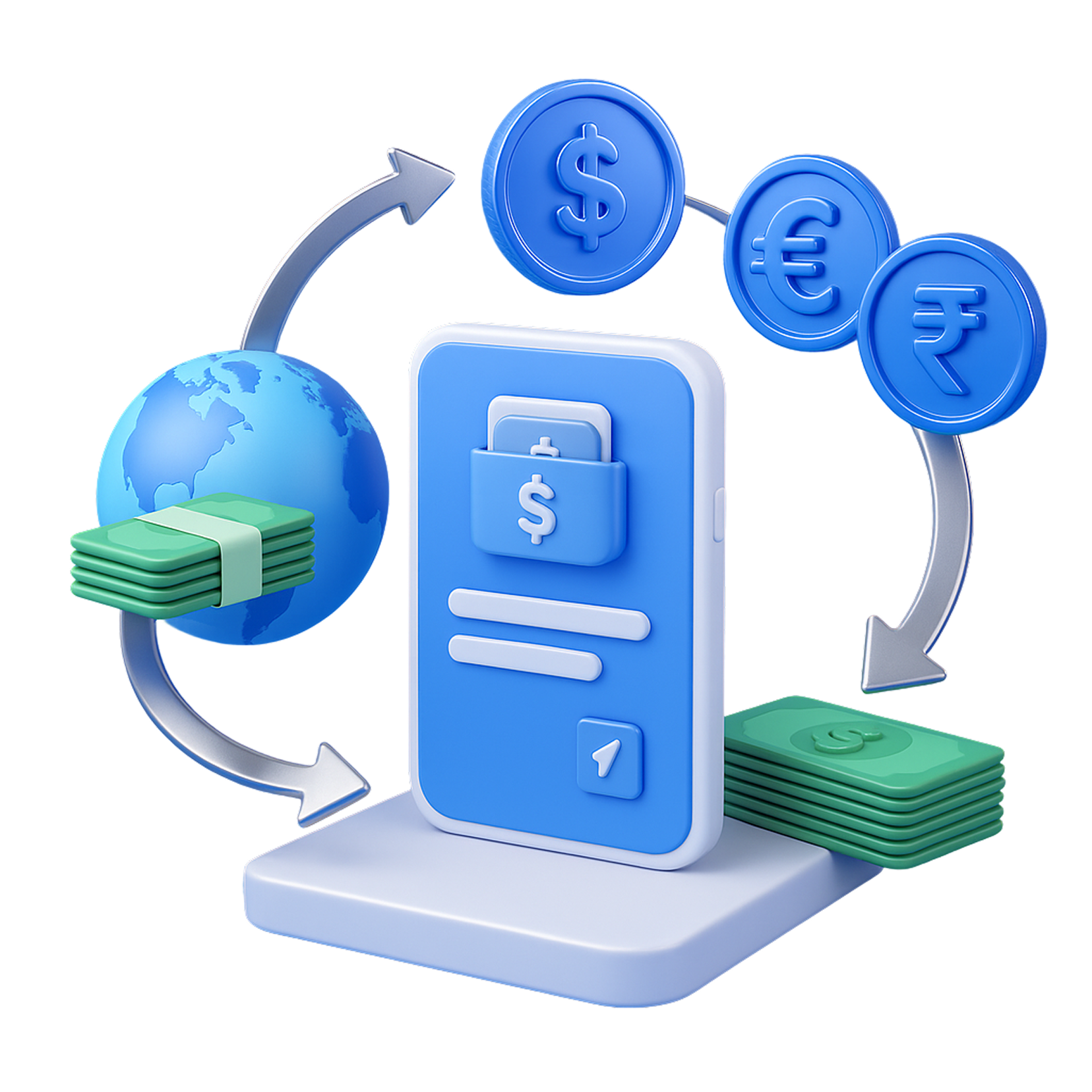 3D illustration of global financial platform with smartphone, currency ...